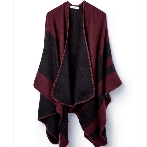 JustFab | Accessories | Large Burgundy Black Stripe Block Ruana Scarf ...